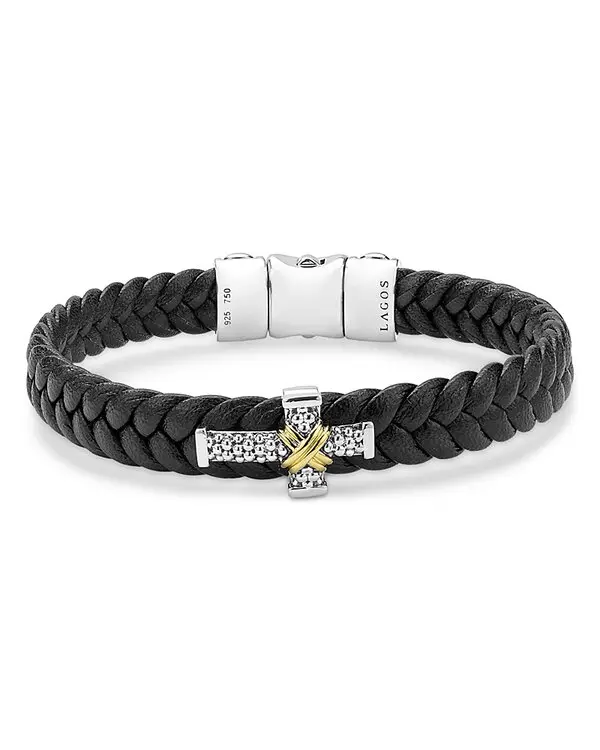Lagos 18k Yellow Gold And Sterling Braided Leather Anthem Cross Bracelet - Silver