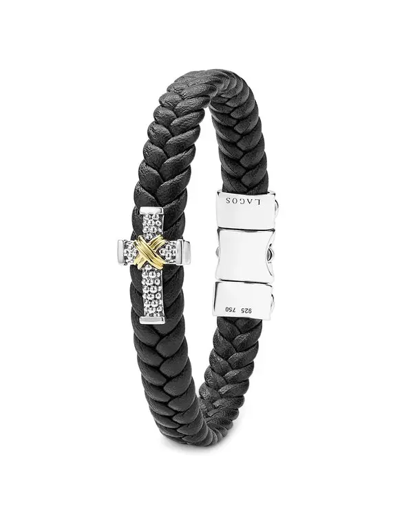 Lagos 18k Yellow Gold And Sterling Braided Leather Anthem Cross Bracelet