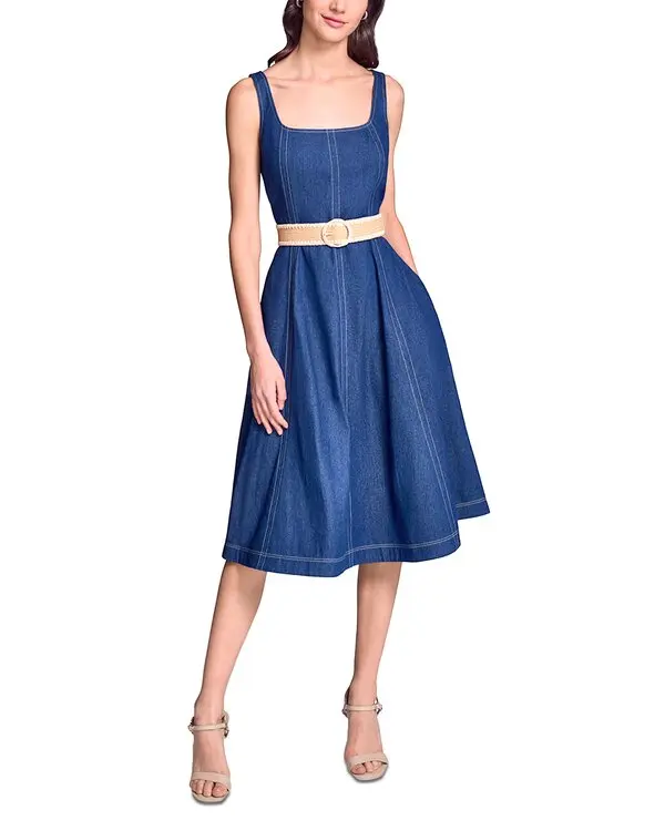 Karl Lagerfeld Paris Faux Denim Belted Midi Dress