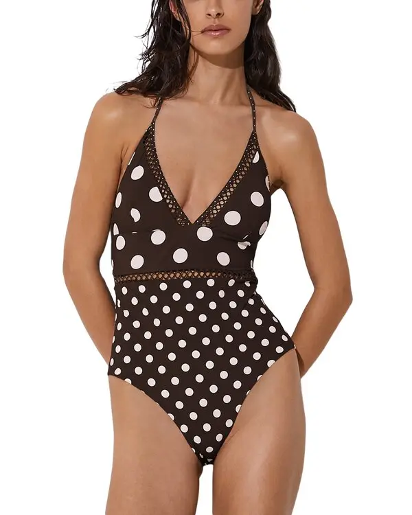 REISS Polka Dot Lattice Trim One Piece Swimsuit
