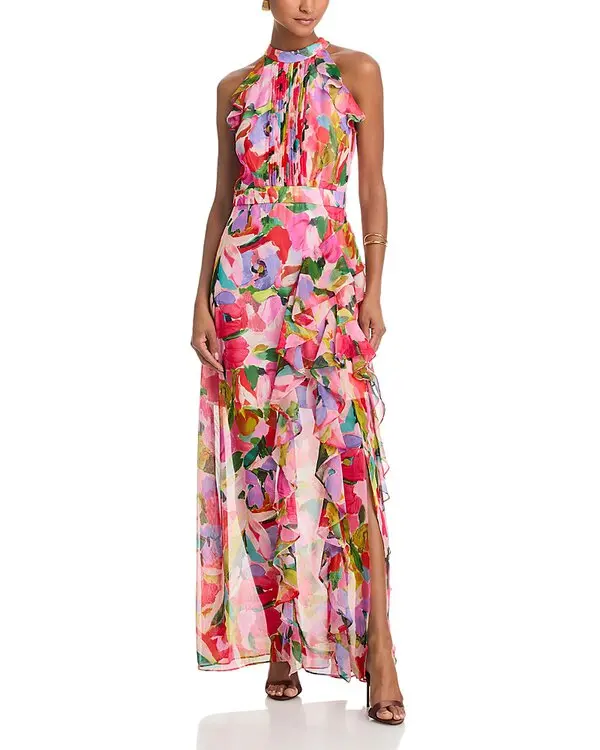Aqua Printed Ruffle Placket Maxi Dress - Multi