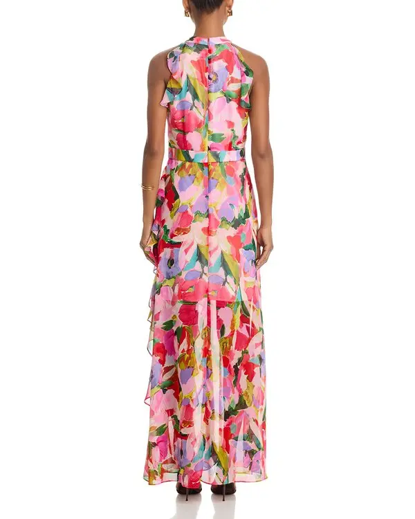 Aqua Printed Ruffle Placket Maxi Dress