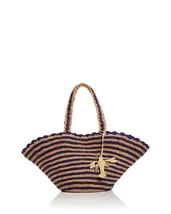 Aqua Stripe Fan Raffia Tote