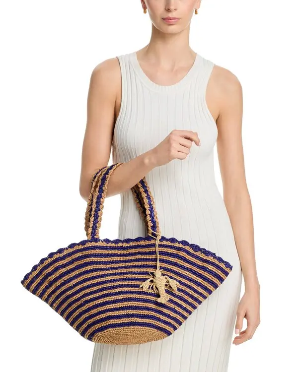Aqua Stripe Fan Raffia Tote