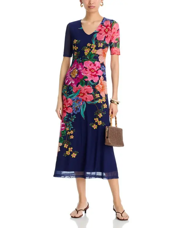 Johnny Was Elbow Sleeve V Neck Mesh Midi Dress