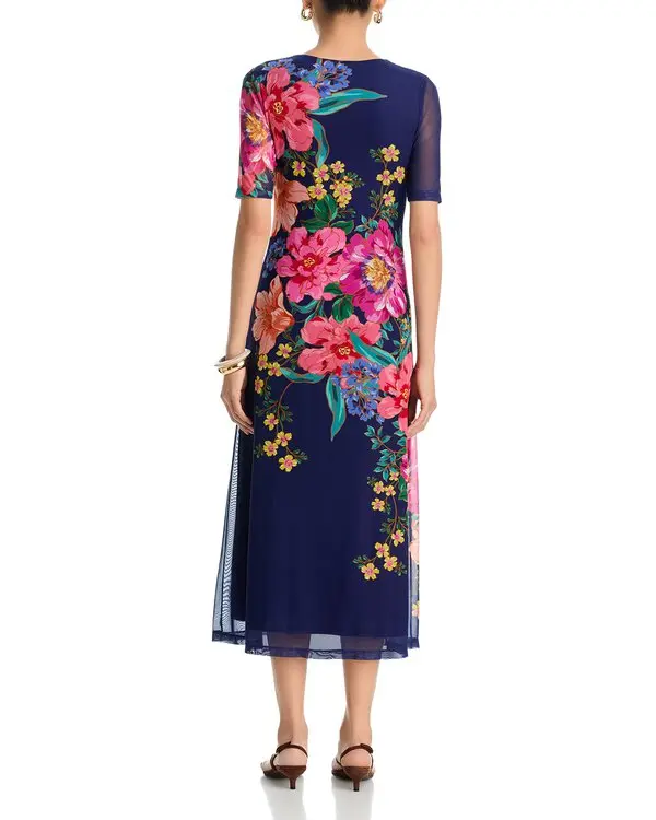 Johnny Was Elbow Sleeve V Neck Mesh Midi Dress