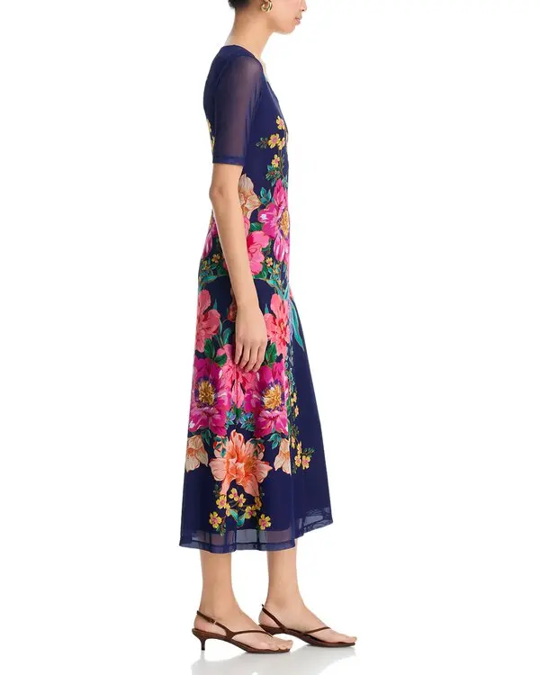 Johnny Was Elbow Sleeve V Neck Mesh Midi Dress