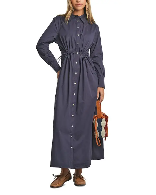 POINT Drawstring Waist Maxi Shirtdress - Navy