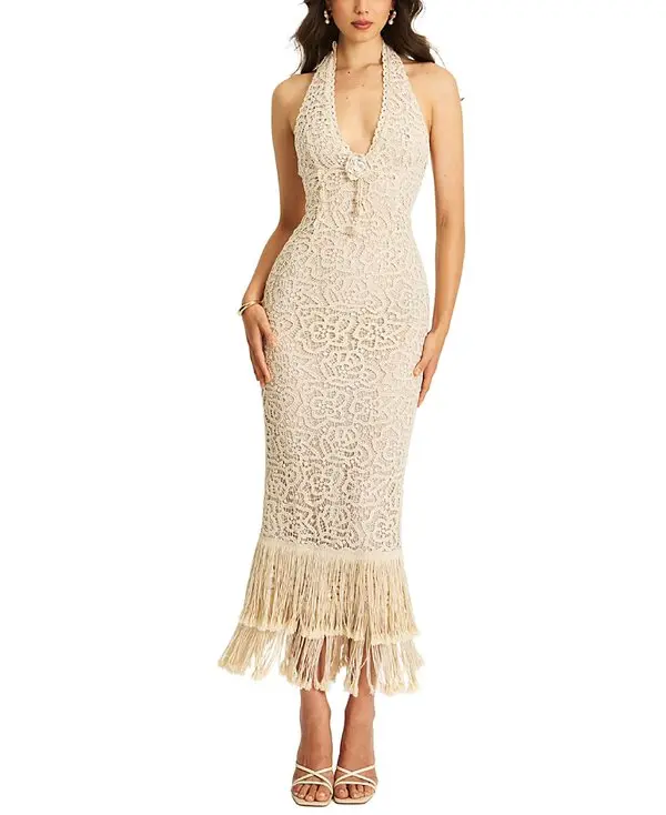 MISS CIRCLE Faelyn Crochet Halter Maxi Dress - Beige