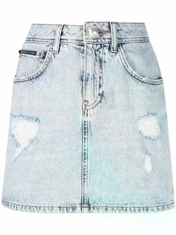 Philipp Plein Stud-detailed Distressed Denim Mini Skirt