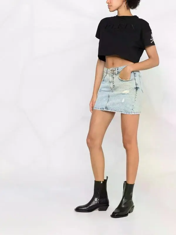 Philipp Plein Stud-detailed Distressed Denim Mini Skirt