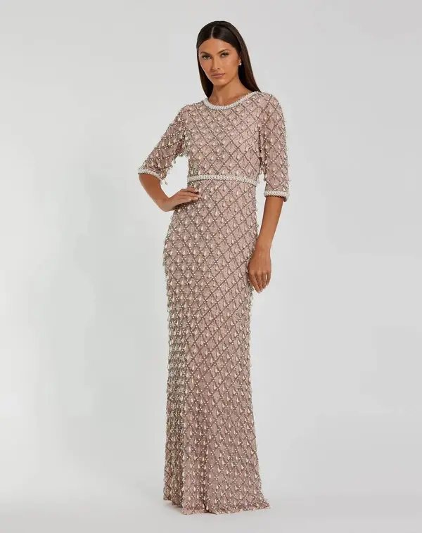 Mac Duggal Petite Pearl-embellished 3/4 Sleeve Gown - Pink