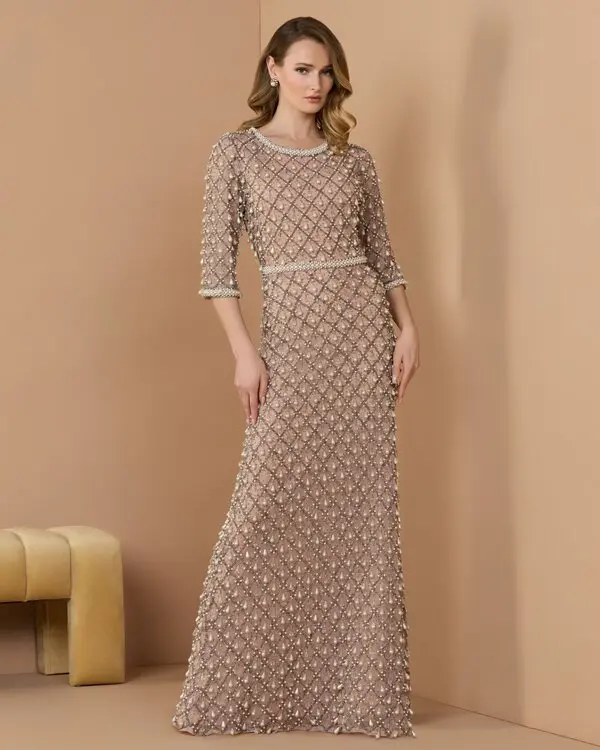 MAC DUGGAL COLLECTION Petite Pearl Embellished 3/4 Sleeve Gown