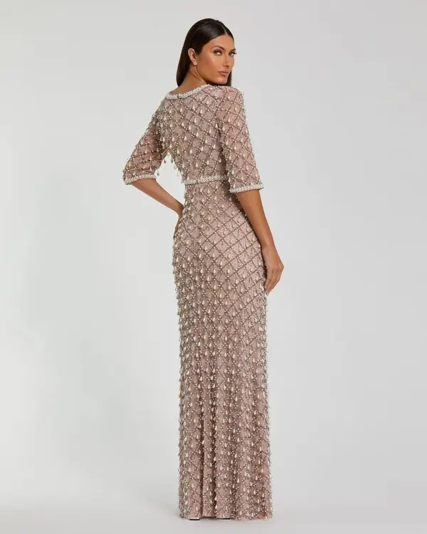 MAC DUGGAL COLLECTION Petite Pearl Embellished 3/4 Sleeve Gown