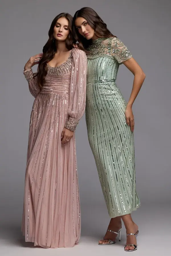 Mac Duggal Beaded Mock Neck Midi Dress