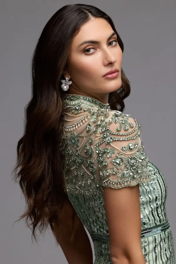 Mac Duggal Beaded Mock Neck Midi Dress