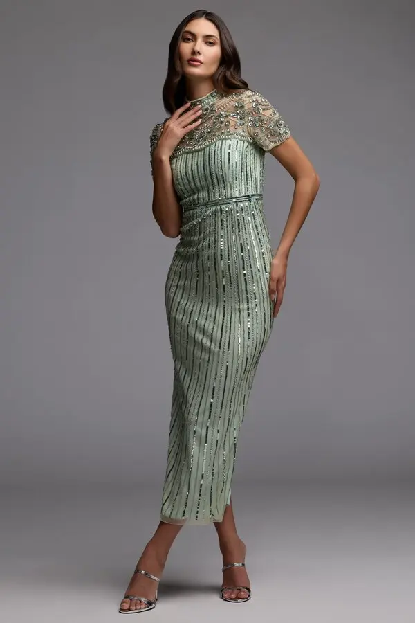 Mac Duggal Beaded Mock Neck Midi Dress
