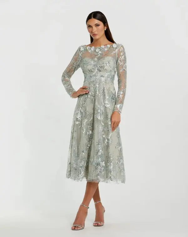 Mac Duggal Embellished Illusion Long Sleeve Midi Dress