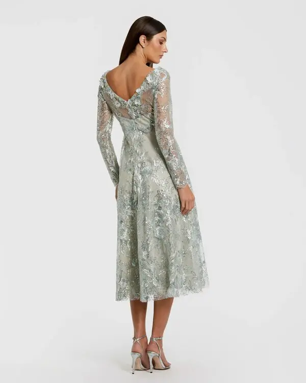 Mac Duggal Embellished Illusion Long Sleeve Midi Dress