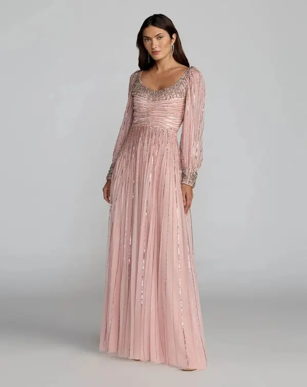 Mac Duggal Embellished Long Sleeve Scoop Neck A-line Gown