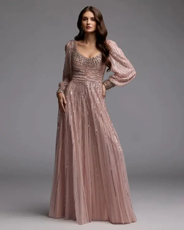 Mac Duggal Embellished Long Sleeve Scoop Neck A-line Gown