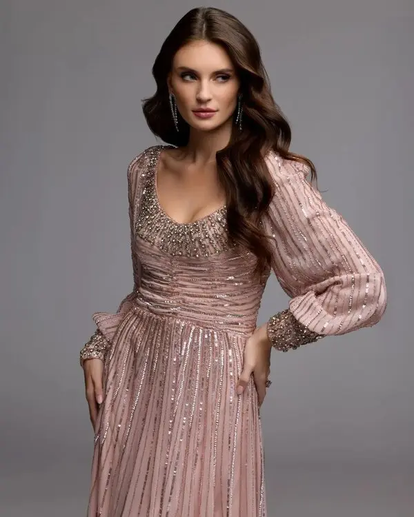 Mac Duggal Embellished Long Sleeve Scoop Neck A-line Gown