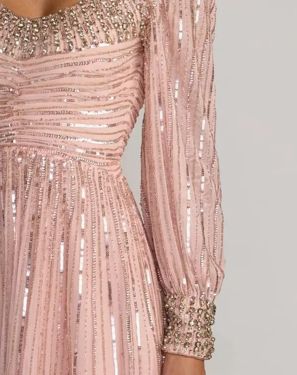 Mac Duggal Embellished Long Sleeve Scoop Neck A-line Gown