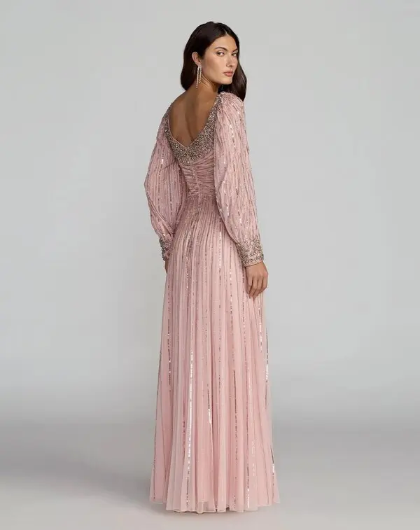 Mac Duggal Embellished Long Sleeve Scoop Neck A-line Gown