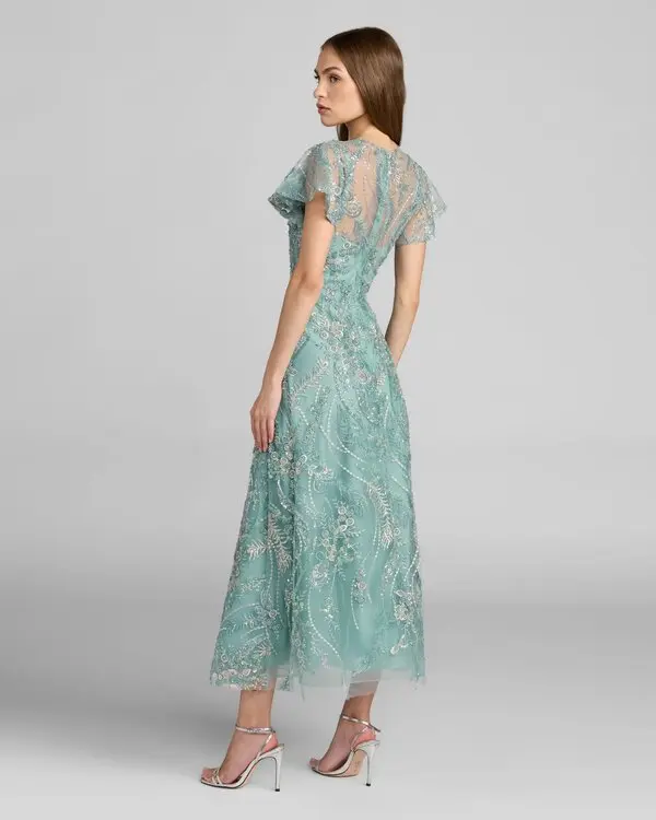 Mac Duggal Embroidered Flutter Sleeve Midi Dress