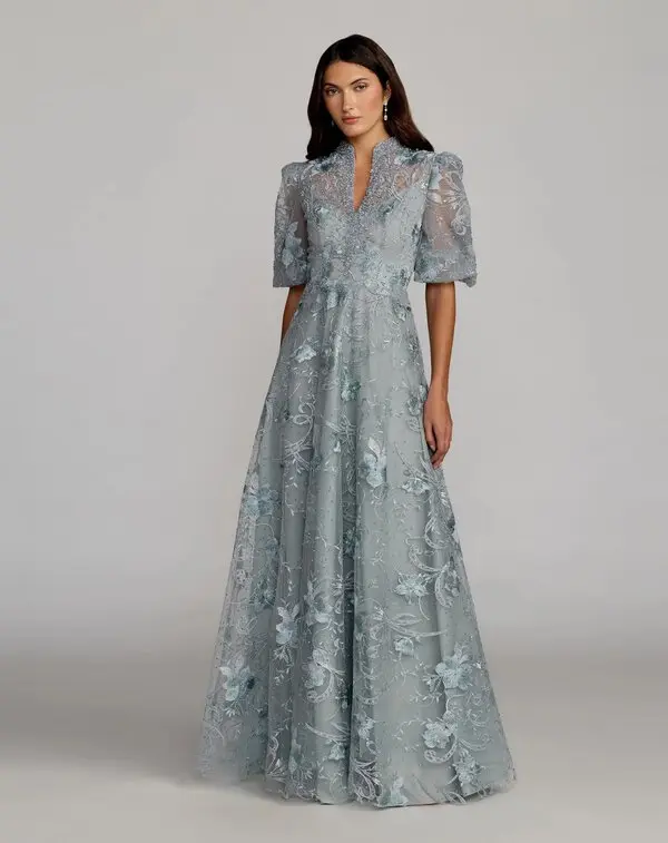 Mac Duggal Queen Anne Puff Sleeve Embroidered Gown