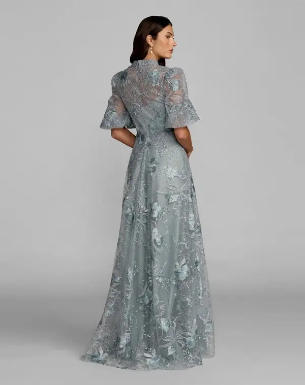 Mac Duggal Queen Anne Puff Sleeve Embroidered Gown