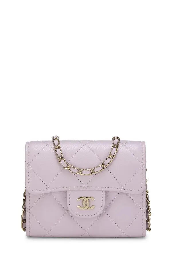 Chanel Caviar Classic Flap Card Holder On Chain - Purple