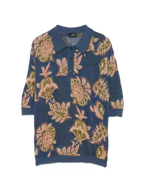 Etro Floral-intarsia Mesh-knit Polo Top