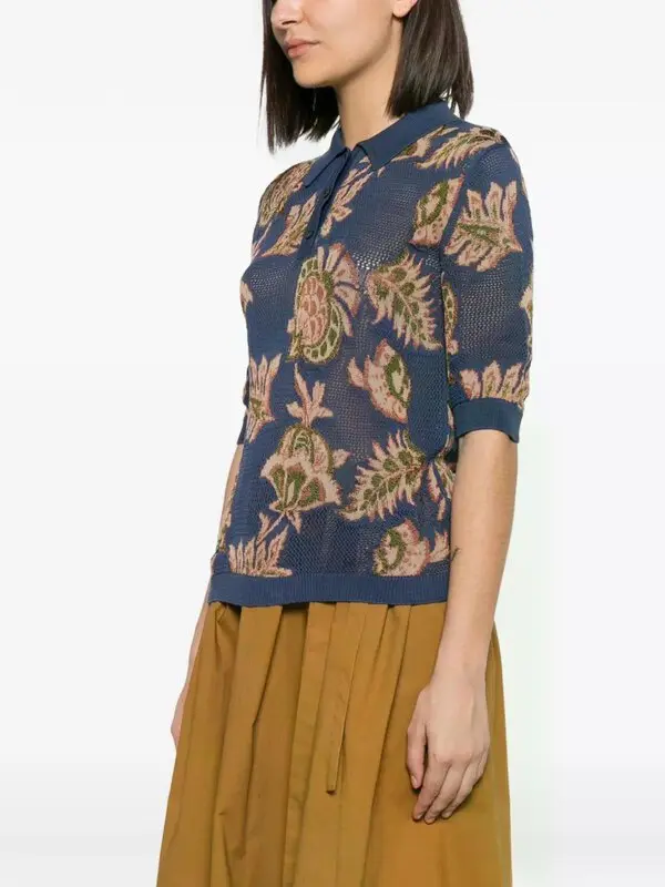 Etro Floral-intarsia Mesh-knit Polo Top