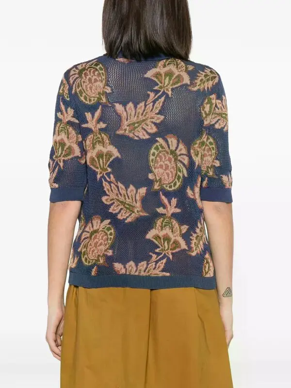 Etro Floral-intarsia Mesh-knit Polo Top