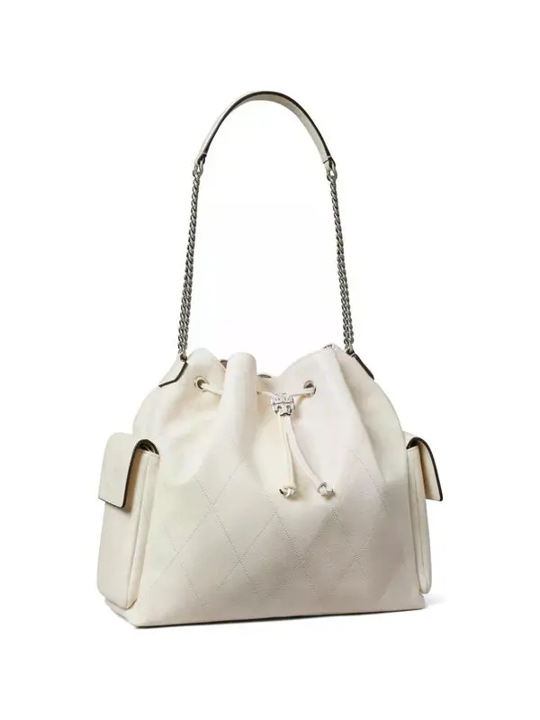 Tory Burch Large Charlie Quilted Drawstring Shoulder Bag - White