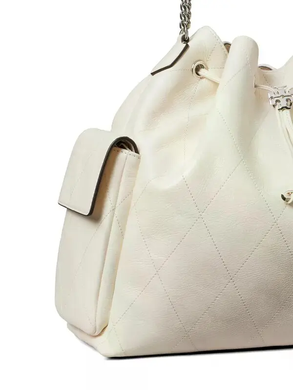 Tory Burch Large Charlie Quilted Drawstring Shoulder Bag - White