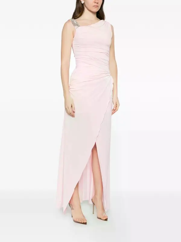 Amen Ruched Crystal-embellished Asymmetric Maxi Dress - Pink