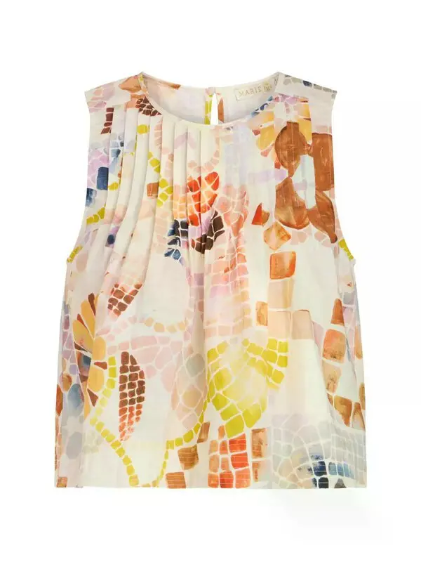 MARIE OLIVER Letta Mosaic-print Pleated Top - Neutrals