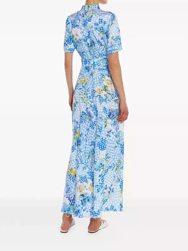 MARY KATRANTZOU Floral-print Gingham Maxi Dress - Blue