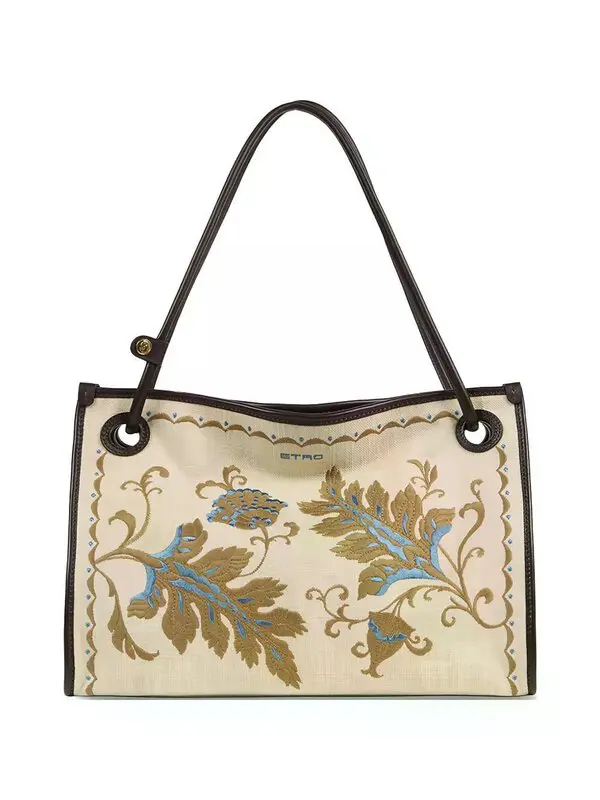 Etro Floral-embroidered Leather-trimmed Tote Bag - Neutrals
