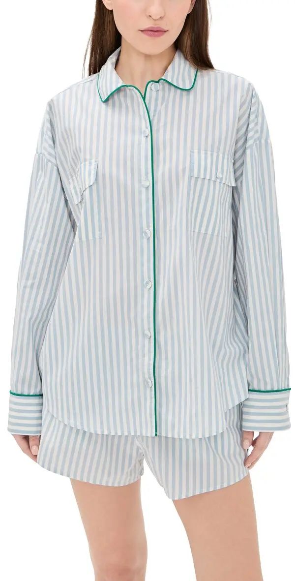 Lunya Airy Cotton Piped Button Down Pajama Top - Stillwater Stripe/spring