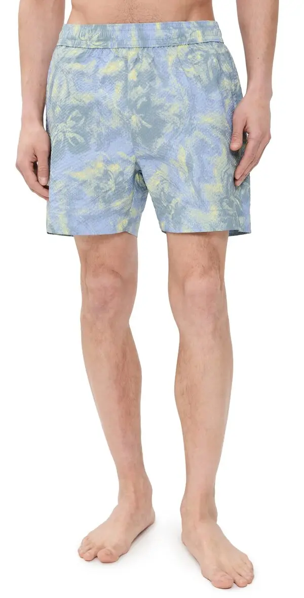 Maison Kitsuné Printed Seersucker Swim Shorts - Arctic Ice/pastel Yellow