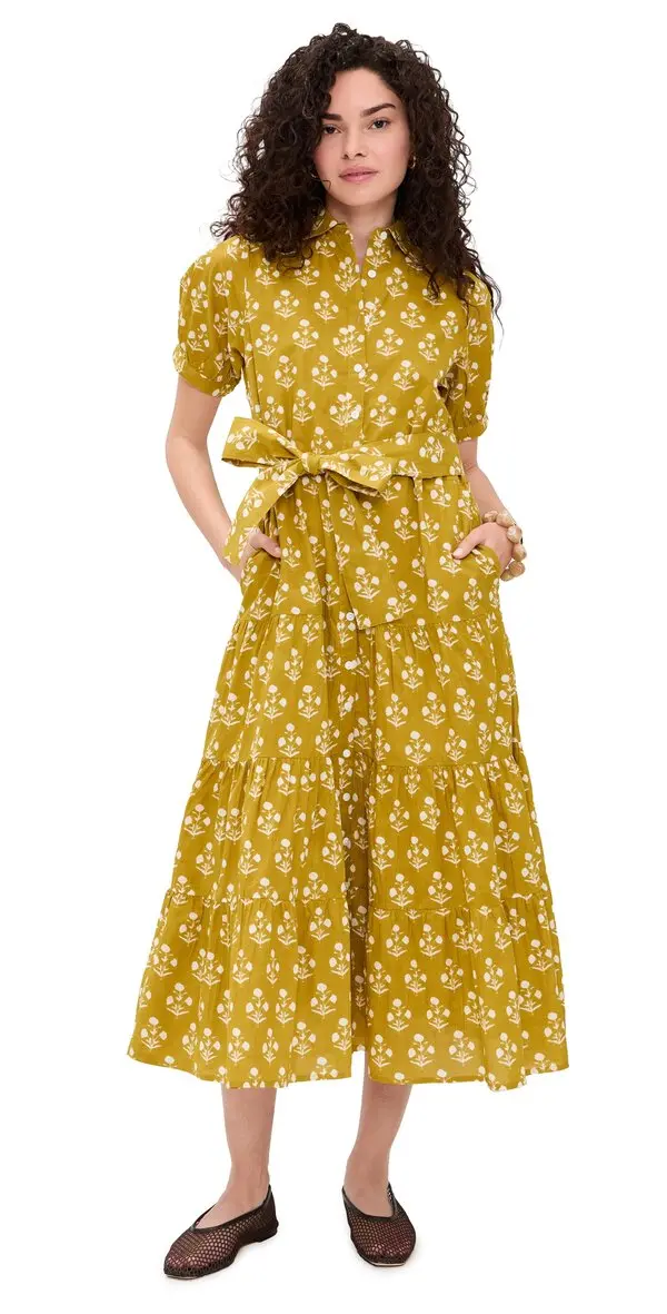 MAREA Floral Print Tiered Maxi Shirt Dress - Chartreuse Daffodil