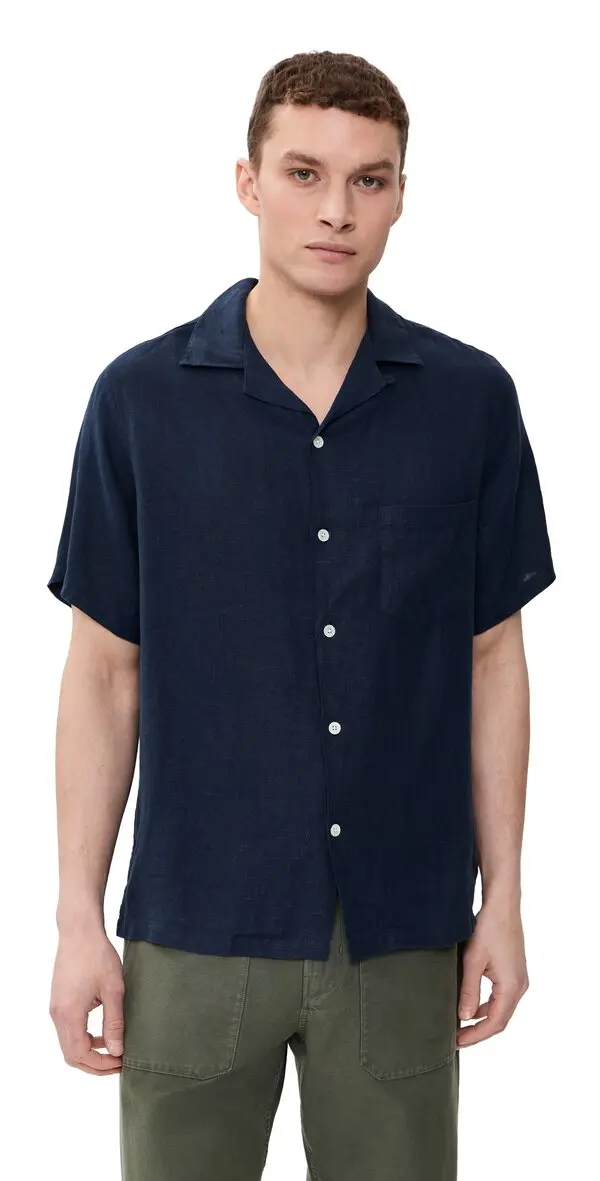 Portuguese Flannel Linen Camp Collar Shirt - Navy
