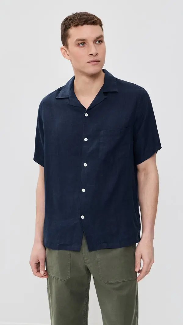 Portuguese Flannel Linen Camp Collar Shirt - Navy