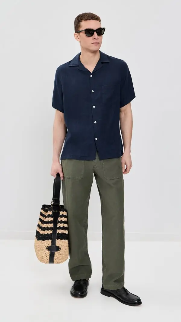 Portuguese Flannel Linen Camp Collar Shirt - Navy