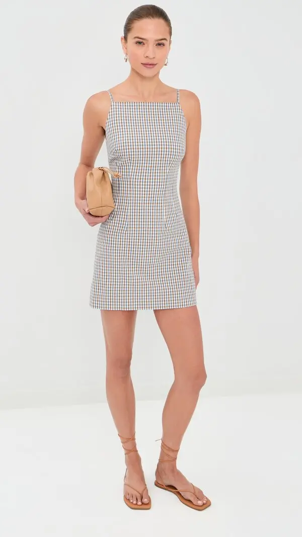 Veronica Beard Gingham Check Square Neck Mini Dress - Acorn Multi