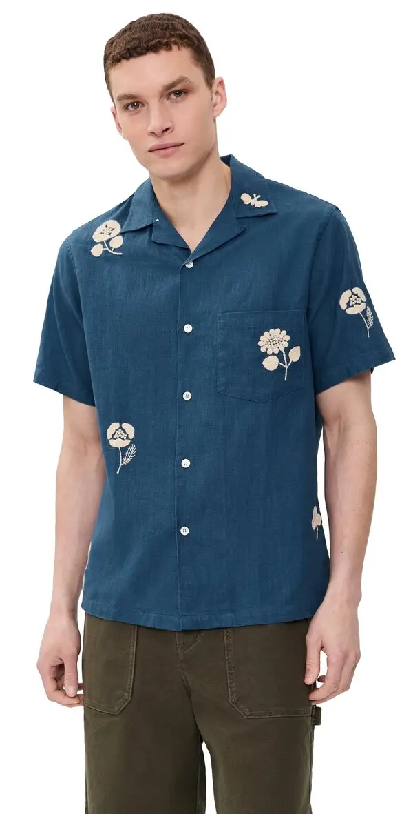 Portuguese Flannel Embroidery Nature Ramie Camp Shirt - Blue
