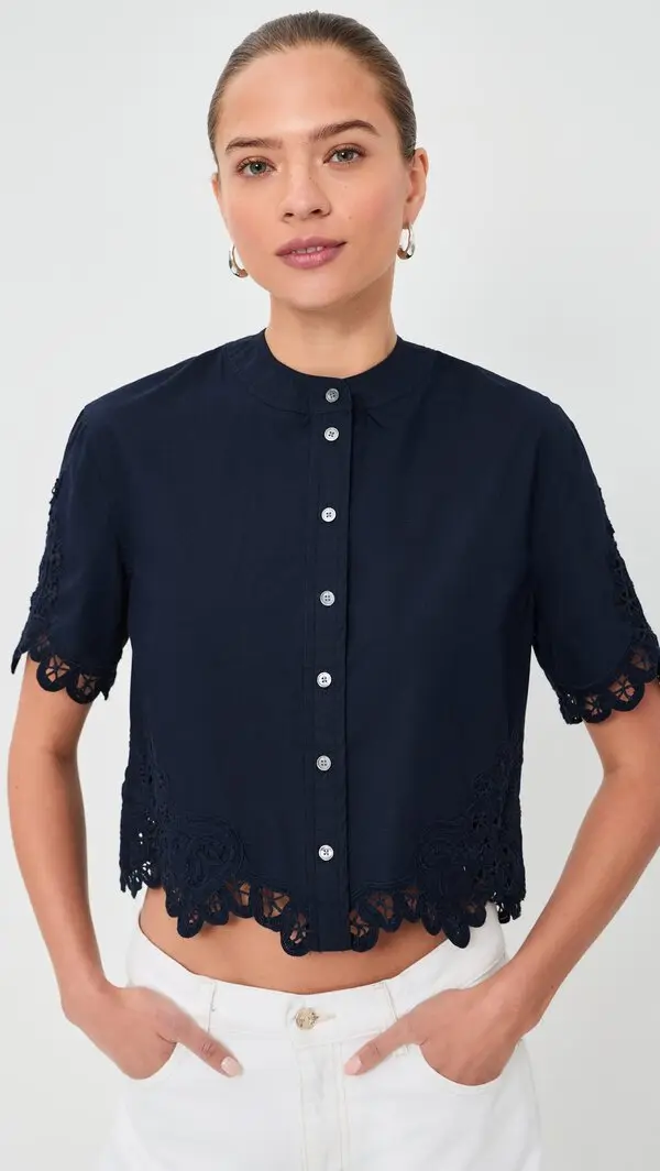 Veronica Beard Aleck Embroidered Shirt - Navy